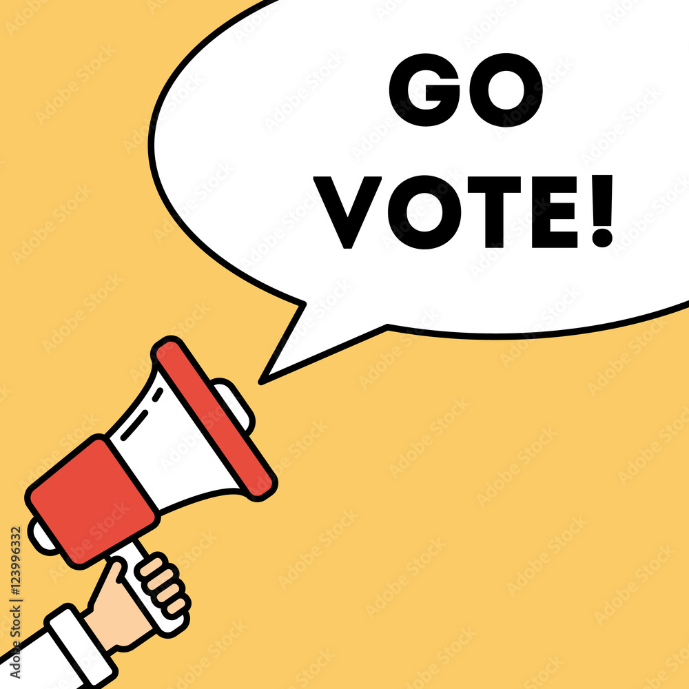 Go vote concept. Hand with megaphone on orange background with speech ...