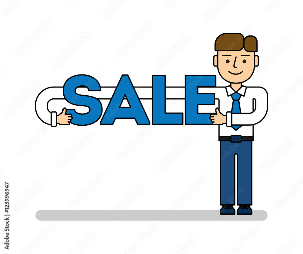 Businessman with sale. Isolated cartoon character with sale title on ...