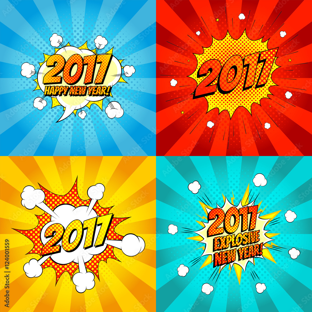 Set of comic happy new year banners. Vector illustration. Decorative ...