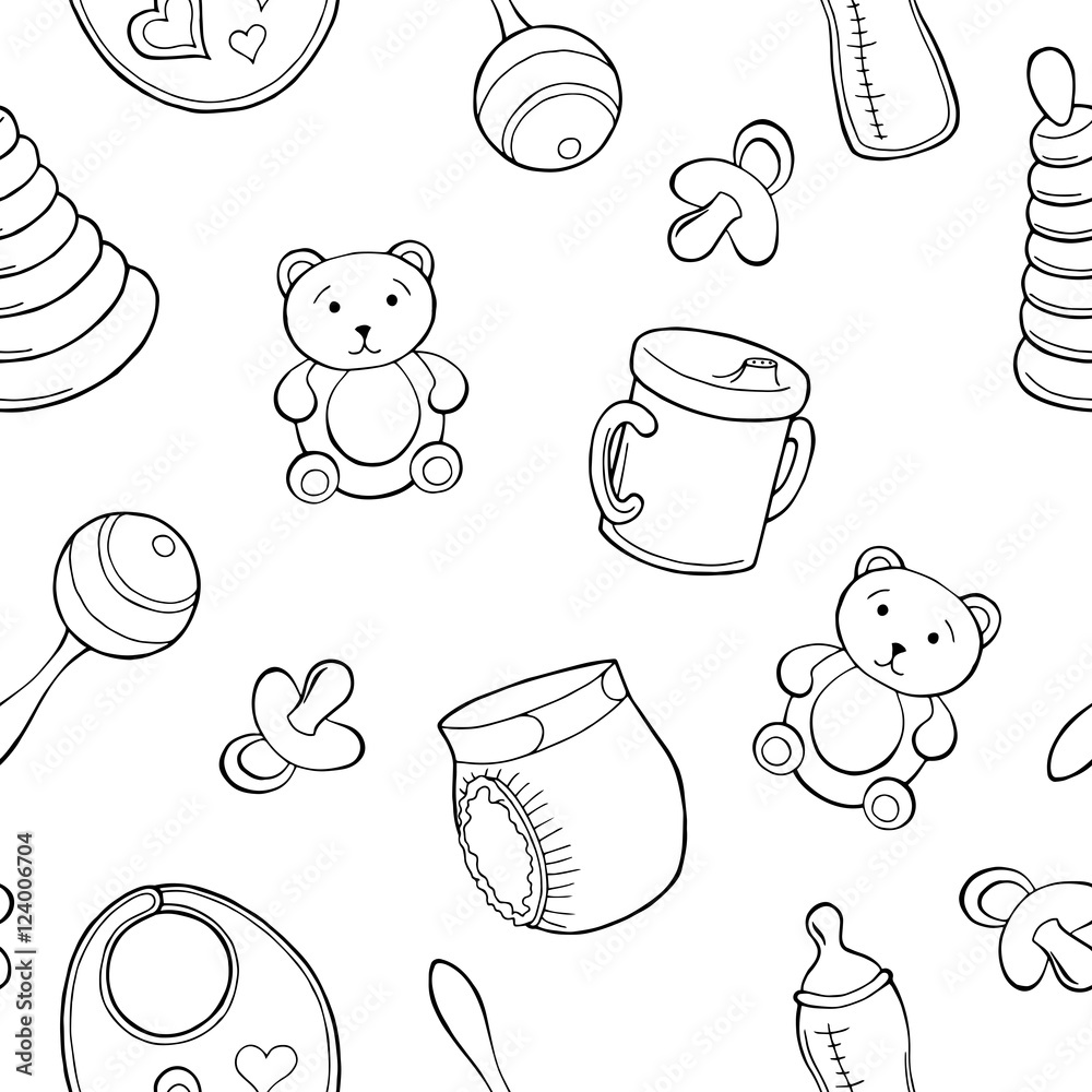 Baby graphic black white sketch seamless pattern illustration vector ...