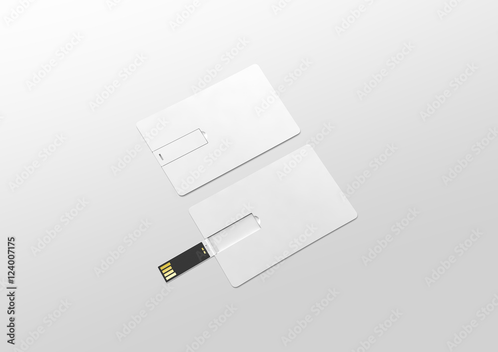 Blank white plastic wafer usb card mockup lying, opened and closed ...