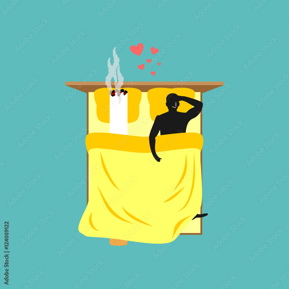 Lover smoke. Man and cigarette in bed. Cigarette Smoking in beds Stock ...