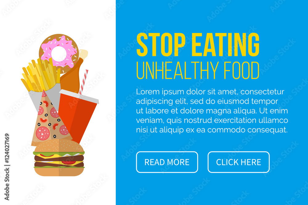 Stop eating unhealthy food - banner with set of junk food. Stop fast ...