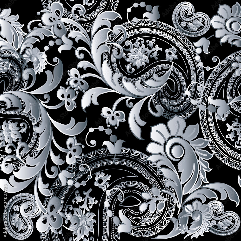 Baroque damask black floral vector seamless pattern wallpaper ...