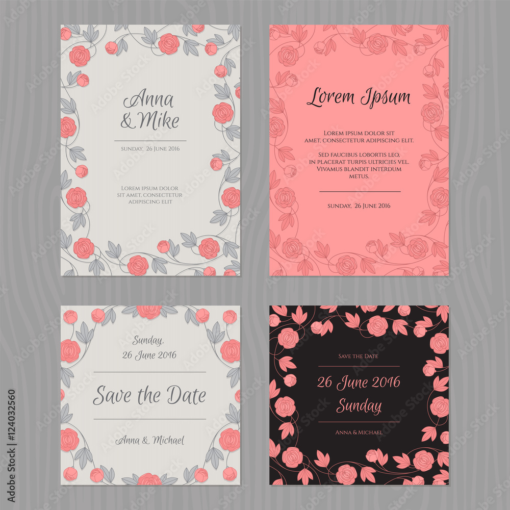 Wedding card set with flower. Grey, pink and black color. Stock Vector ...