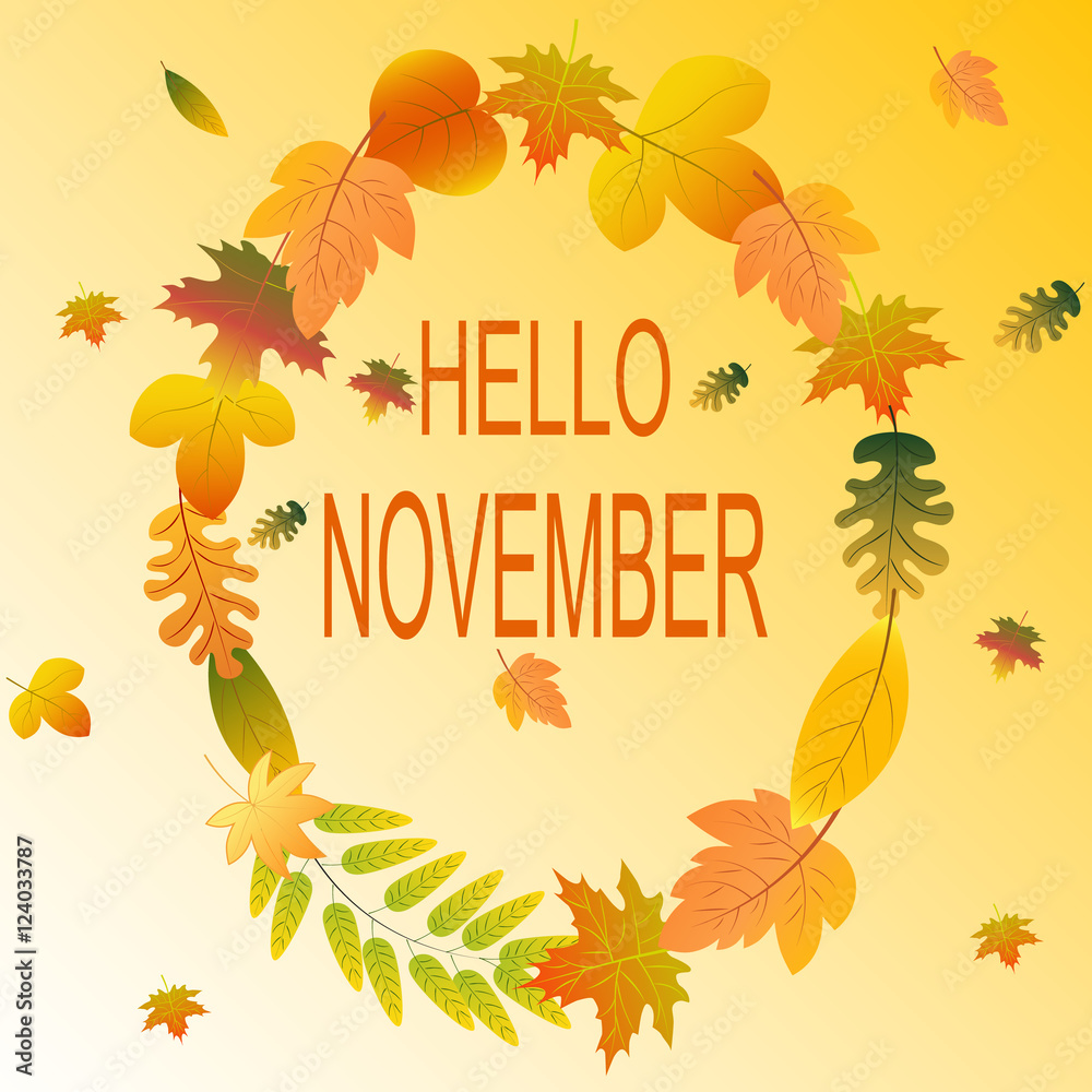 Hello november! Colored autumn leaves. Sketch, design elements. Vector ...