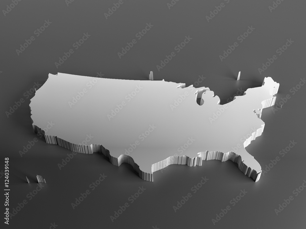 Real 3D shape white silver map of USA on gray background. High ...