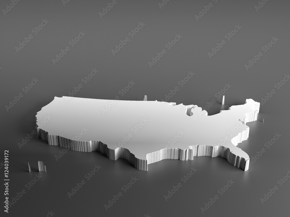 Real 3D shape white silver map of USA on gray background. High ...