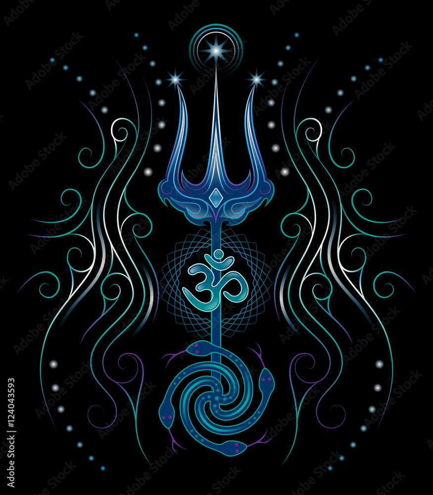 sacred symbols of Shaivism - trishula, symbol Om, swastika, vector ...