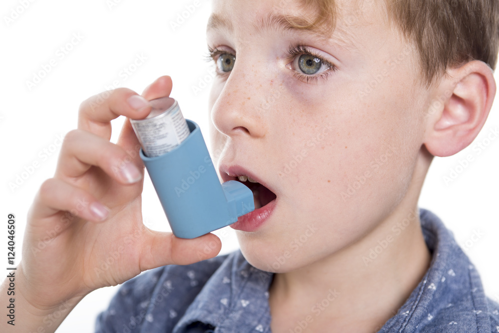 child using inhaler for asthma. White background Stock Photo | Adobe Stock