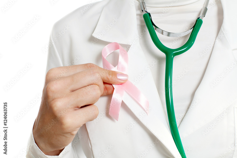 Pink ribbon on doctor's chest isolated on white. Pink ribbon. Symbol of ...