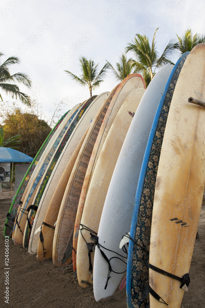 Surfboards Standing Up Against A Rack On The Beach; Sayulita, Mexico ...