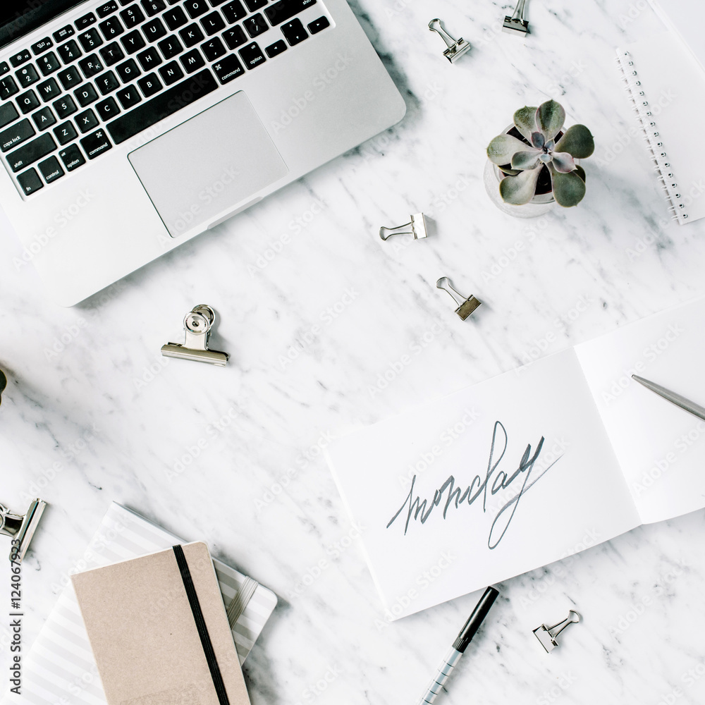 Word monday. Flat lay, top view office table desk. Workspace with ...