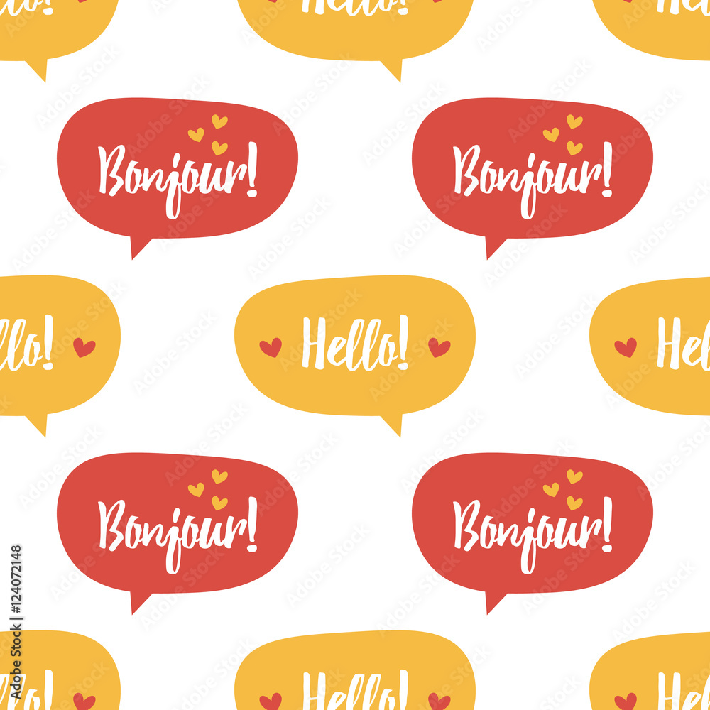 Cute colorful cartoon speech bubbles with words hello and bonjour ...
