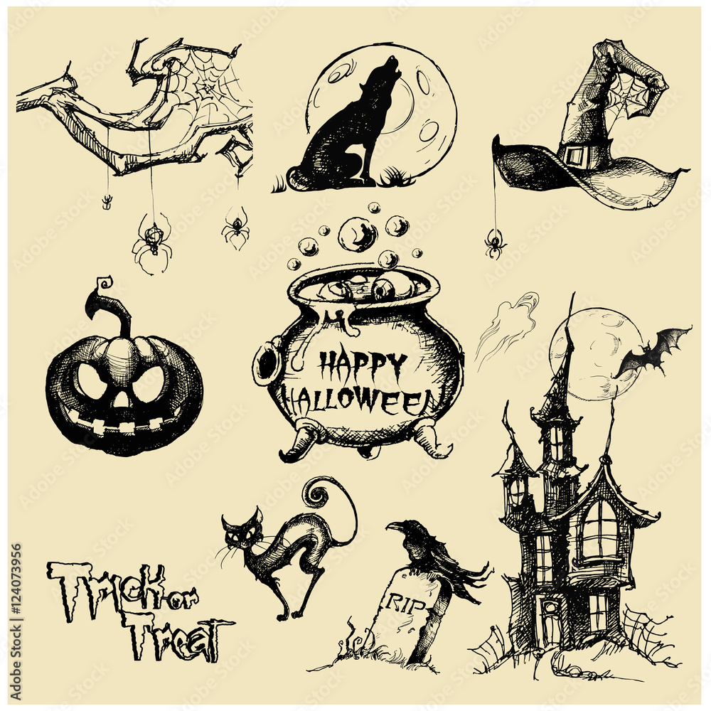 Halloween vector collection.Hand drawn illustration.Line art. Doodle ...