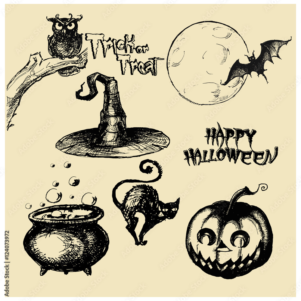 Halloween vector collection.Hand drawn illustration.Line art. Doodle ...