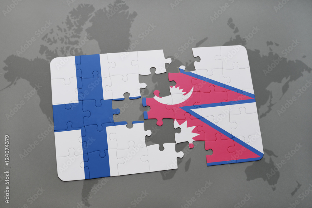 puzzle with the national flag of finland and nepal on a world map ...