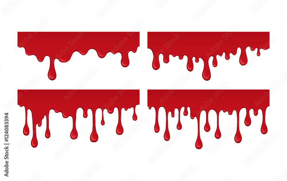 Set of blood drips. Red liquid drop and splash. Paint drips and flowing ...