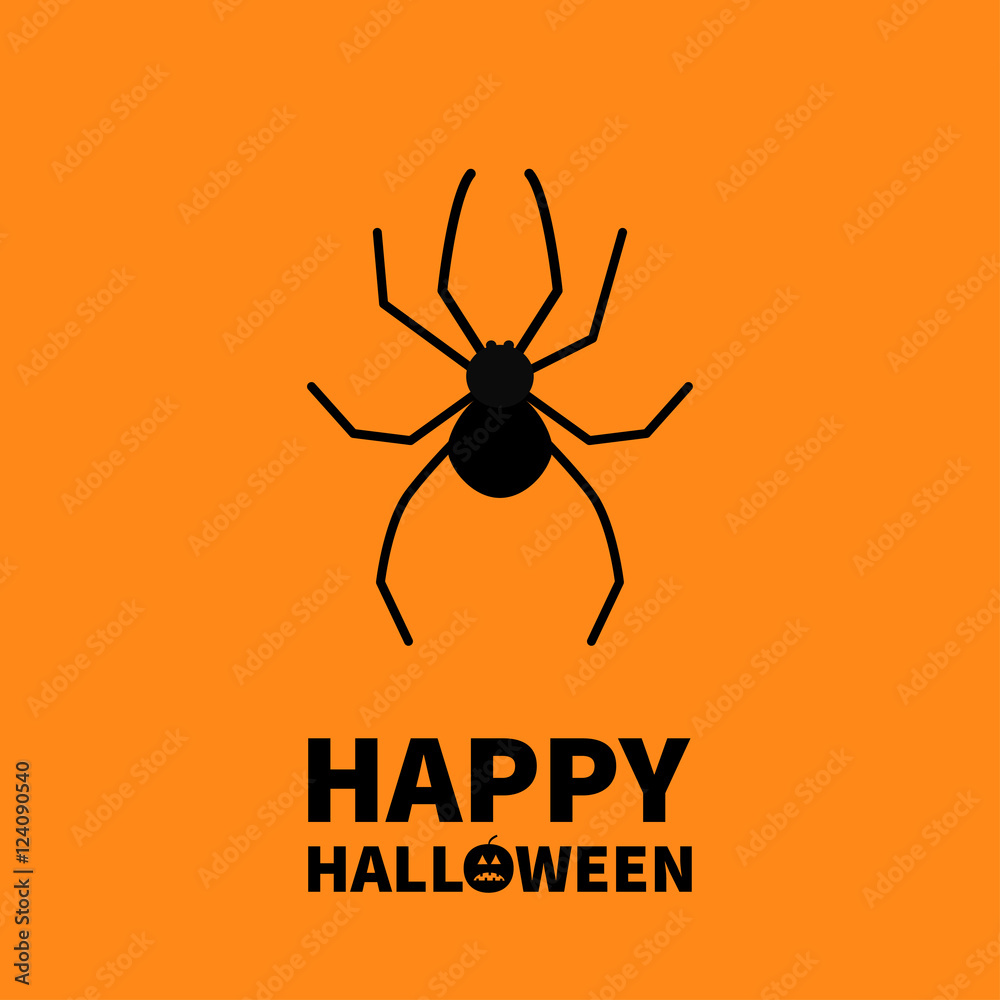 Cute cartoon black spider insect. Happy Halloween greeting card. Flat ...