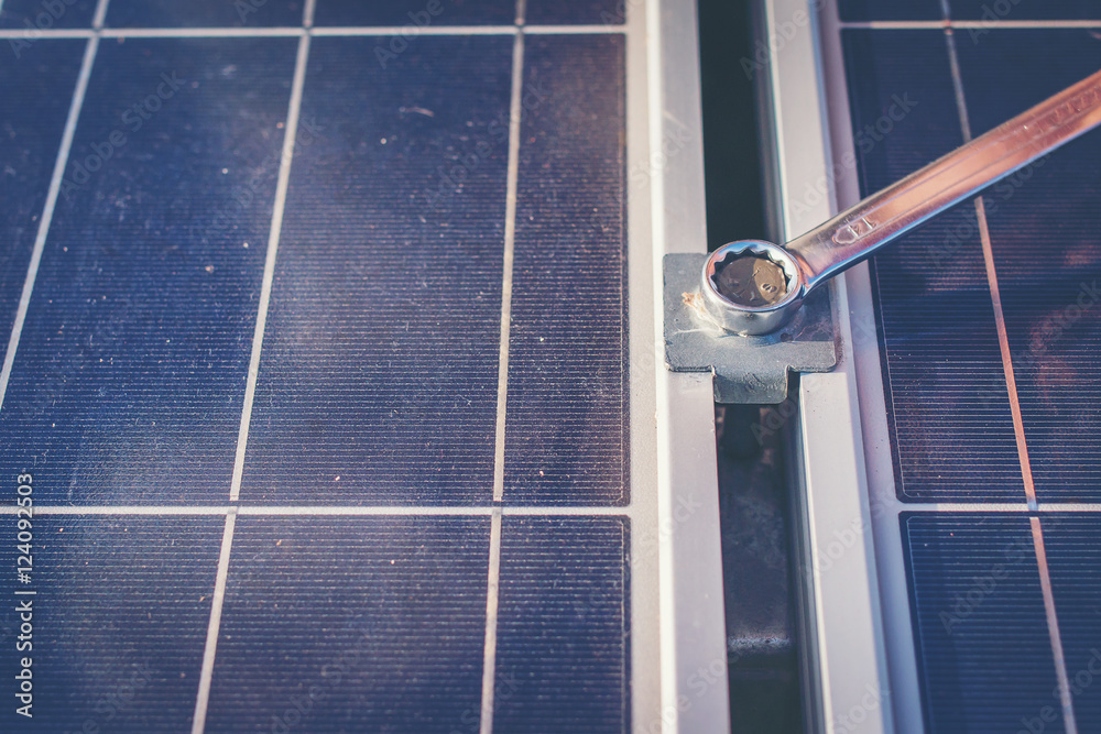 Wrench tightening at solar mounting structure Stock Photo | Adobe Stock