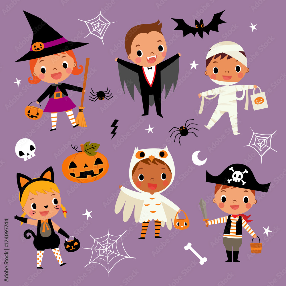 illustration set of cute happy cartoon children in colorful halloween ...