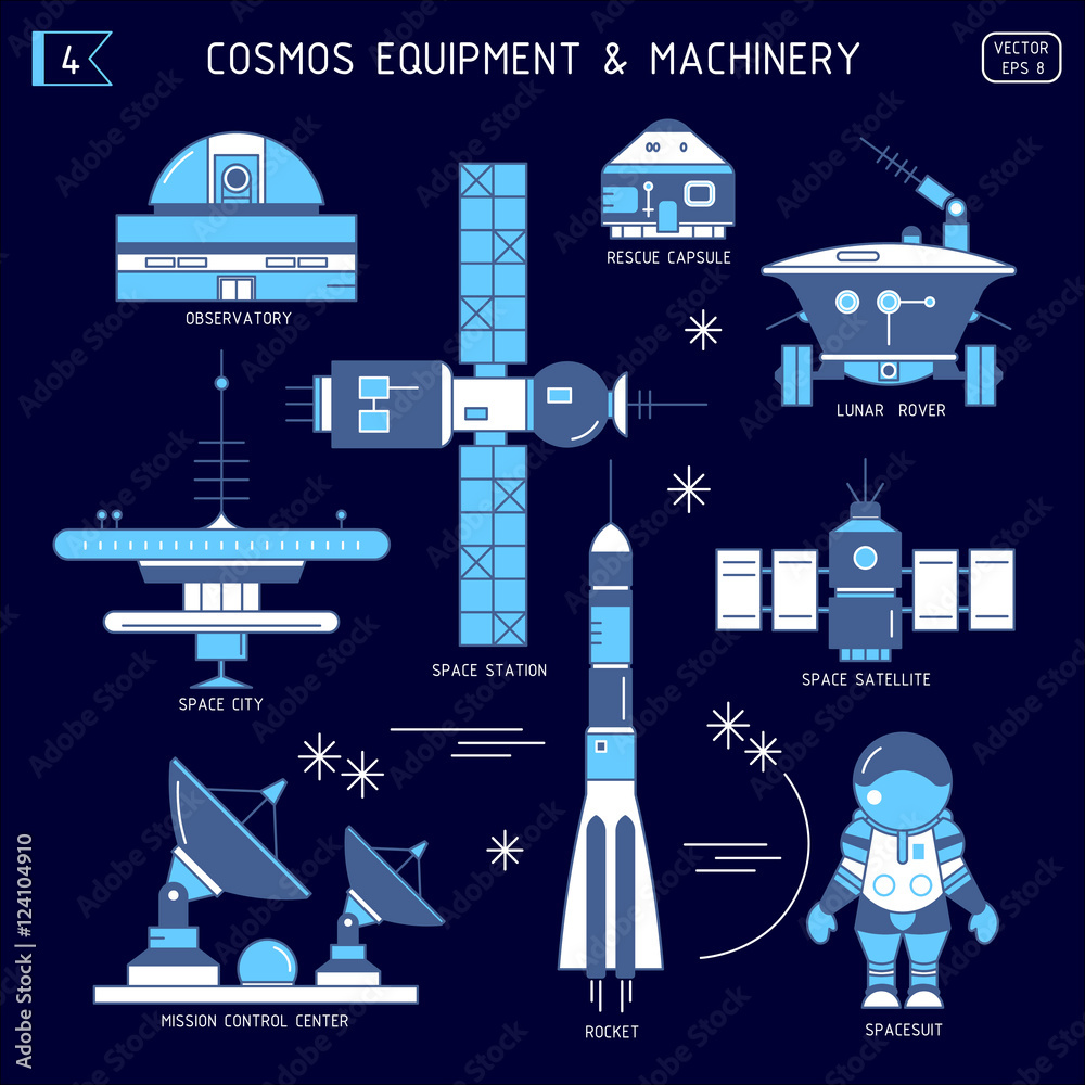 Vector set of space equipment, machinery. Observatory, rescue capsule ...