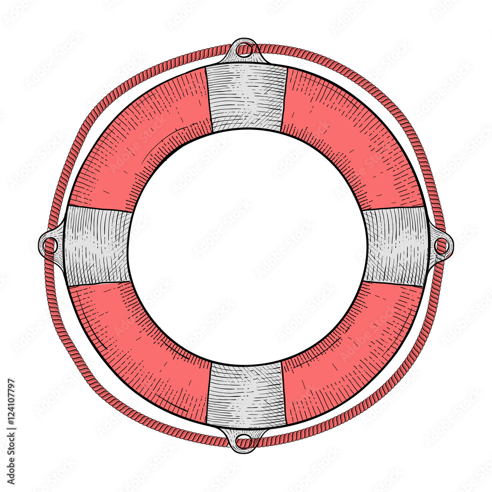 Lifebuoy. Red white lifesaving device. Hand drawn colored sketch. Stock ...