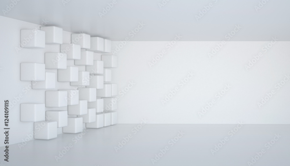 3d illustration. White interior of not existing building with square ...