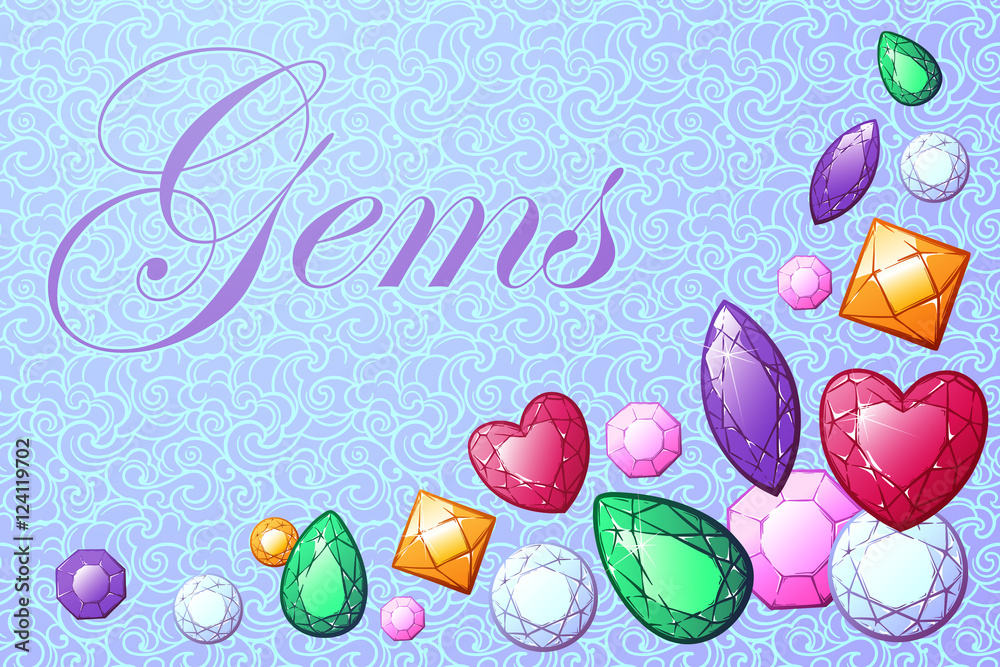 Set of Detailed realistic drawing of gemstones on the luxury seamless ...