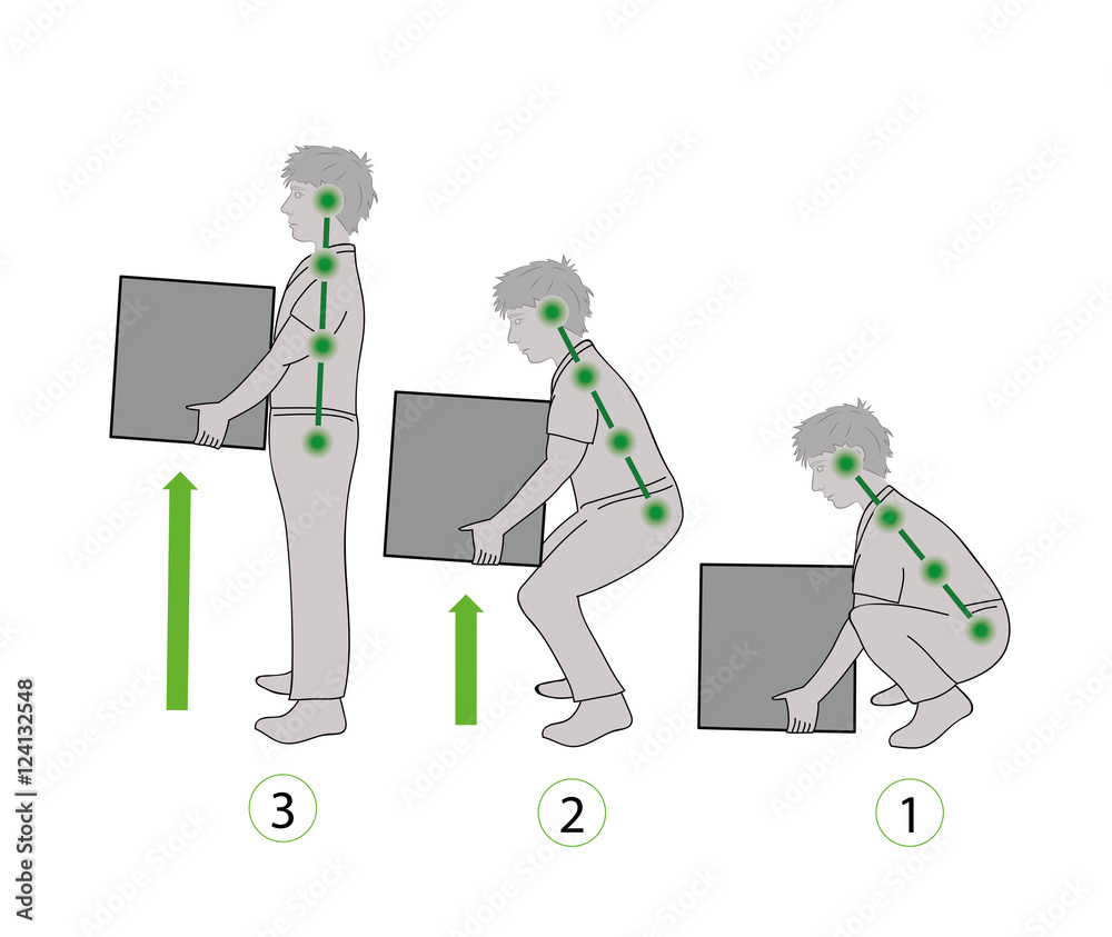 Correct posture to lift a heavy object safely. Illustration of health ...