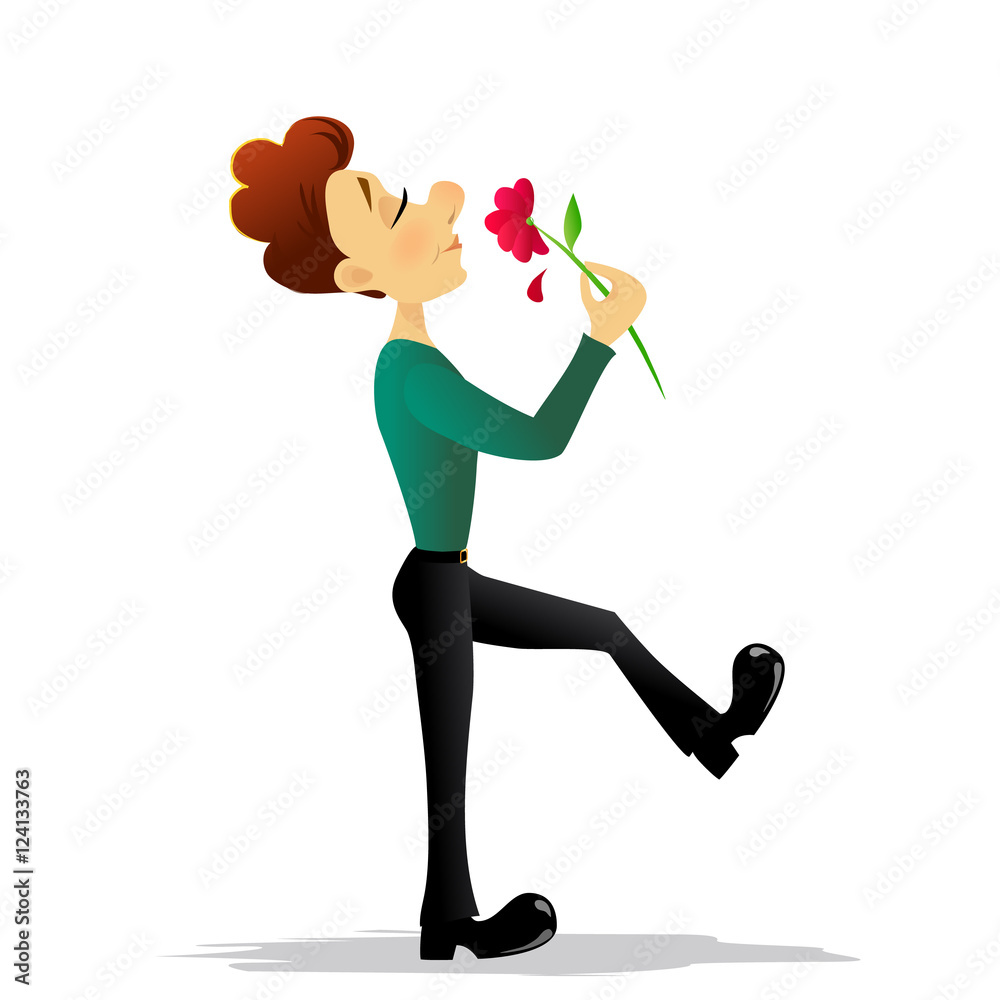 Cartoon character of young man romantic. Man smelling a flower. Stock ...