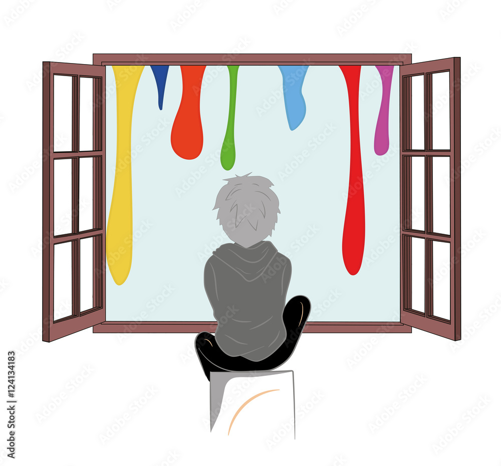 boy sitting by the open window that is painted in the paint. vector ...