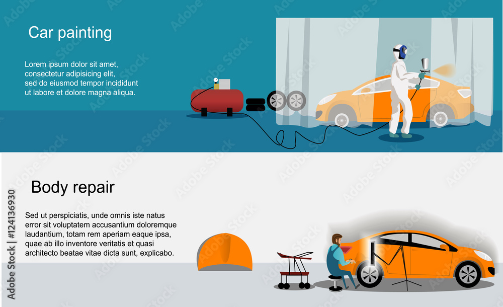 Flat horizontal banners with scenes represented by the workers of car ...