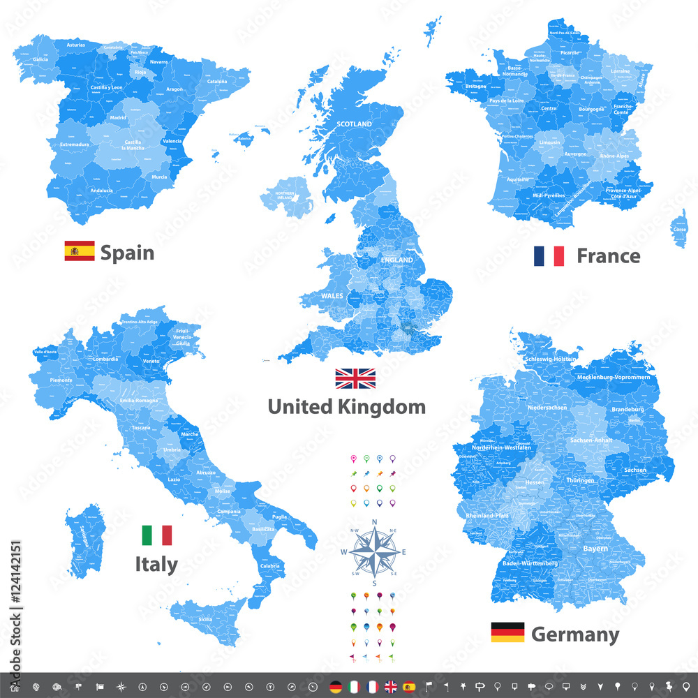 United Kingdom, Italy, Germany, France and Spain with administrative ...
