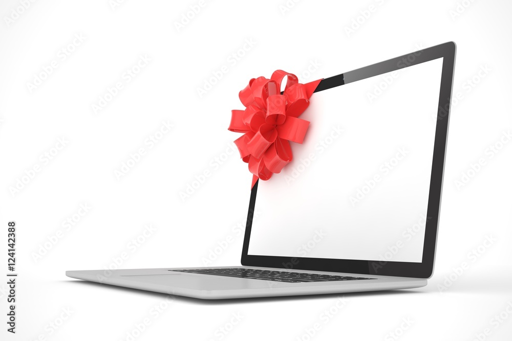 Laptop with red bow and empty screen. 3D rendering. Stock Illustration ...