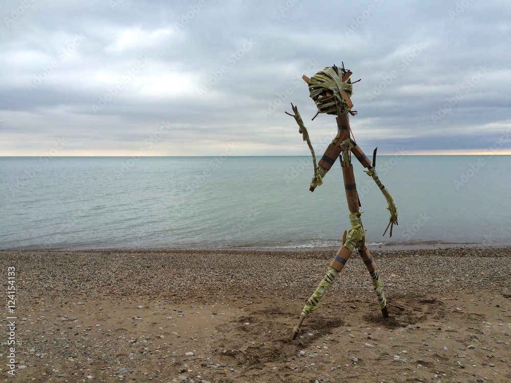 Friendly stick figure man posed in front of beautiful lake Stock Photo ...