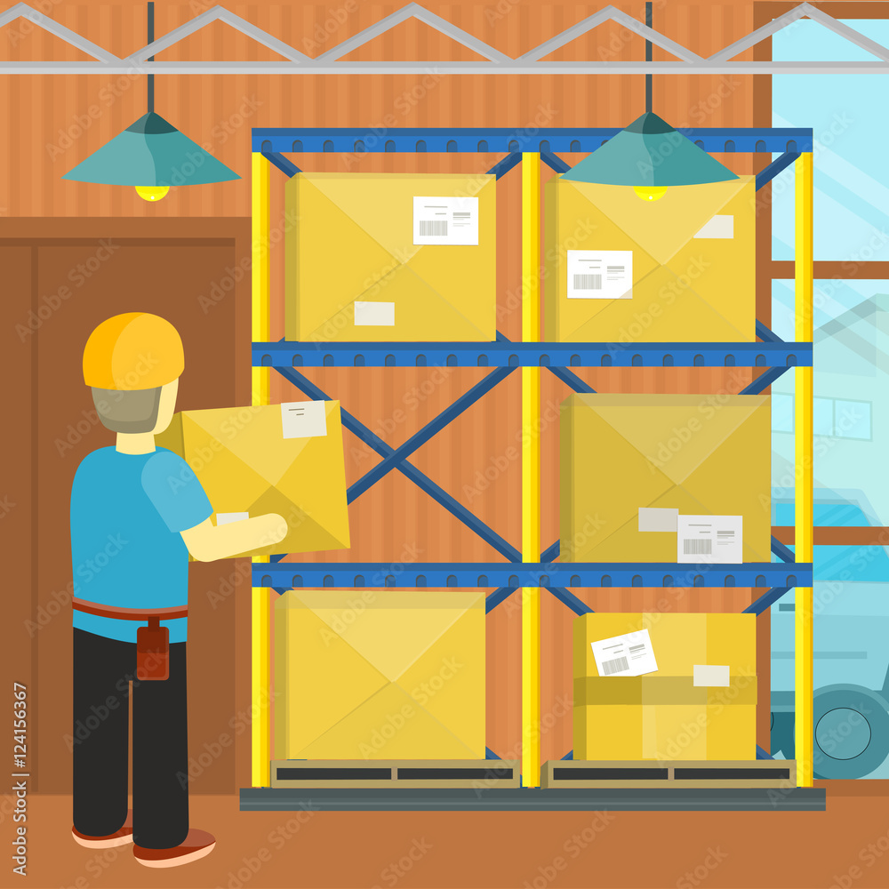 Pallet with Boxes in Warehouse Interior. Loading Stock Vector | Adobe Stock