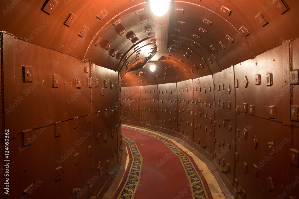 Old bunker during the Cold War. Corridor in the anti-nuclear bomb ...