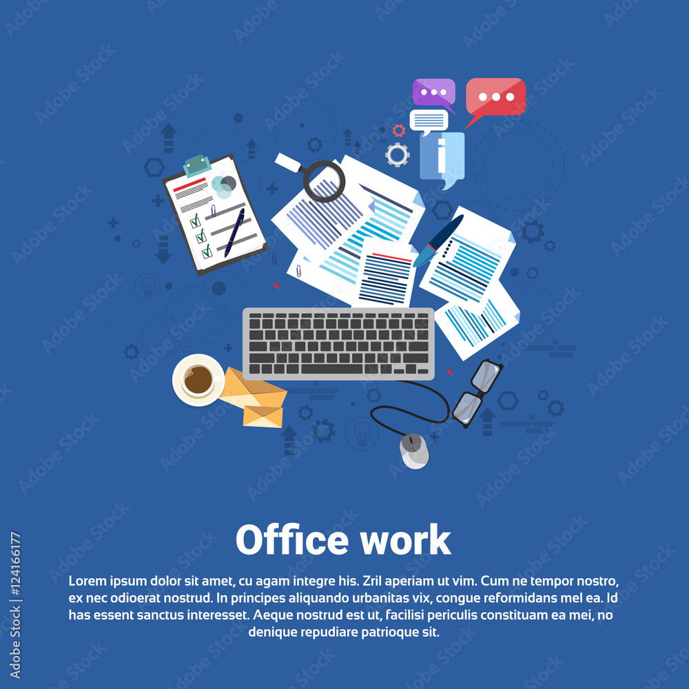 Office Paper Document Work Business Web Banner Flat Vector Illustration ...