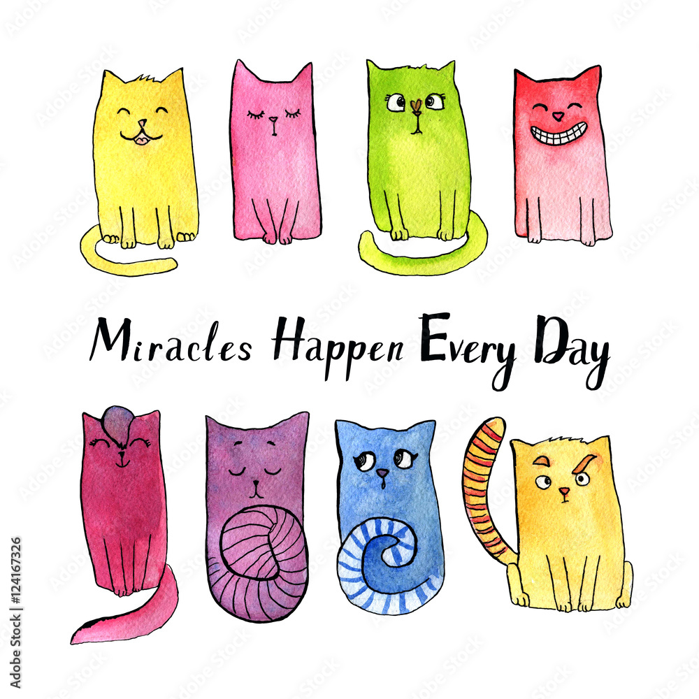 Watercolor doodle cat illustration.Set of smiling, thoughtful, modest ...
