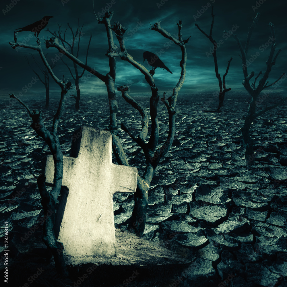 Abandoned grave at haunted mysterious desert with black ravens seating ...