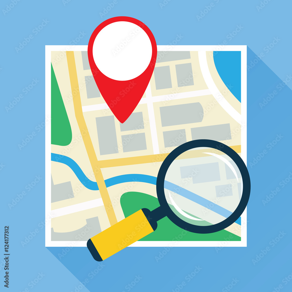 Magnifier over navigational map flat icon. Magnifying glass with handle ...