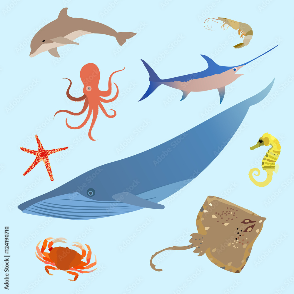 Cute ocean animals simple creatures. Octopus, shark sea cartoon fish ...