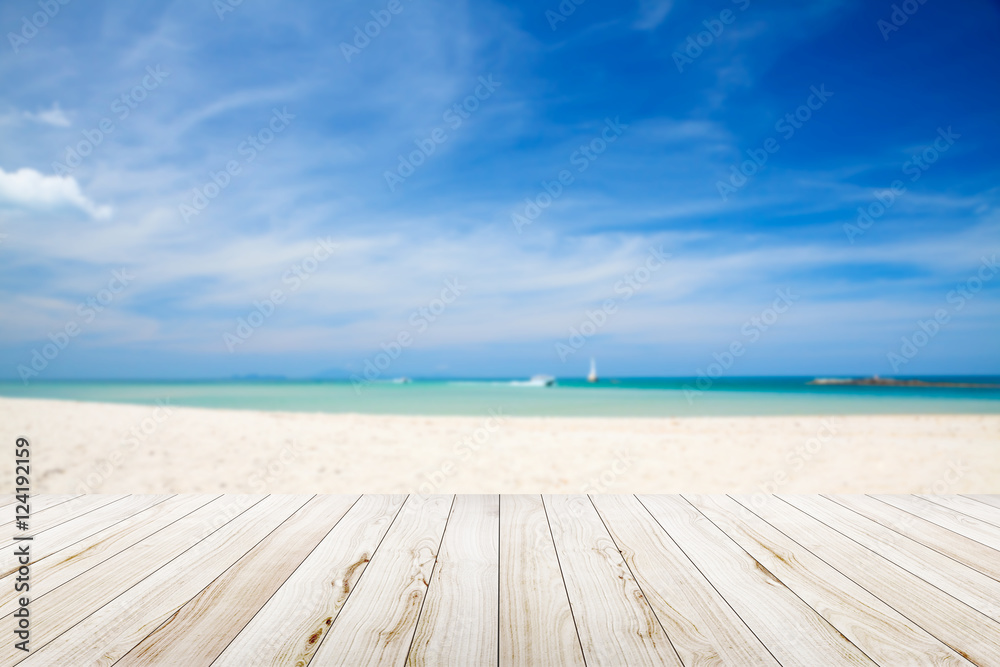 Wood table top on beach background. Stock Photo | Adobe Stock
