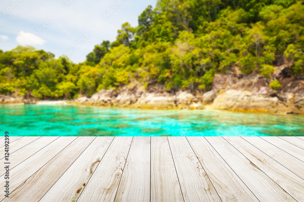 Wood table top on beach background. Stock Photo | Adobe Stock