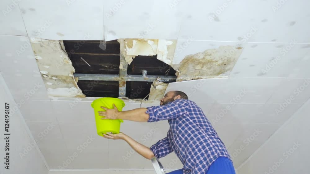 Man Collecting Water In Bucket From Ceiling. Ceiling panels damaged ...