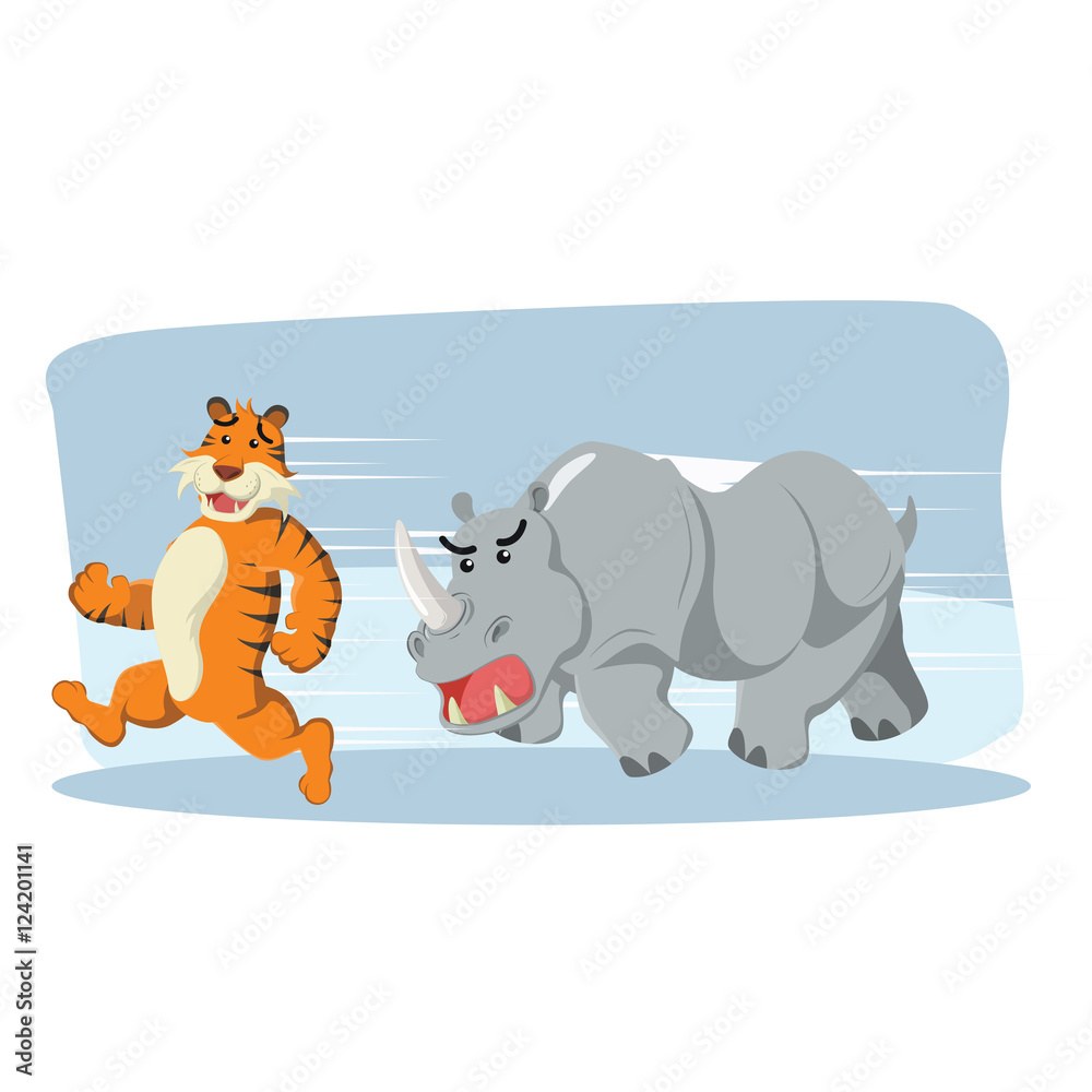 tiger chased by rhino Stock Vector | Adobe Stock