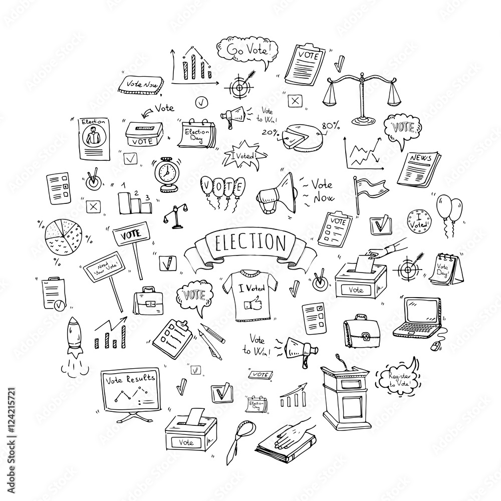 Hand drawn doodle Vote icons set. Vector illustration. Election symbols ...