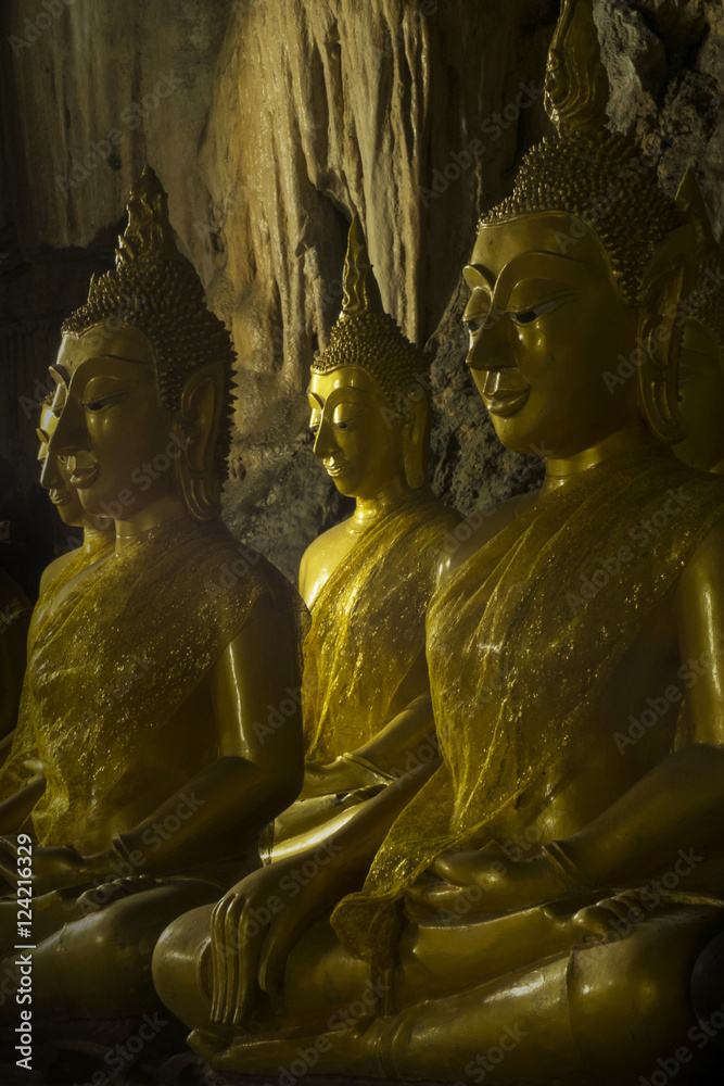 BUDDHA IMAGES WITH LIGHTING Golden Buddha images are placed peacefully ...