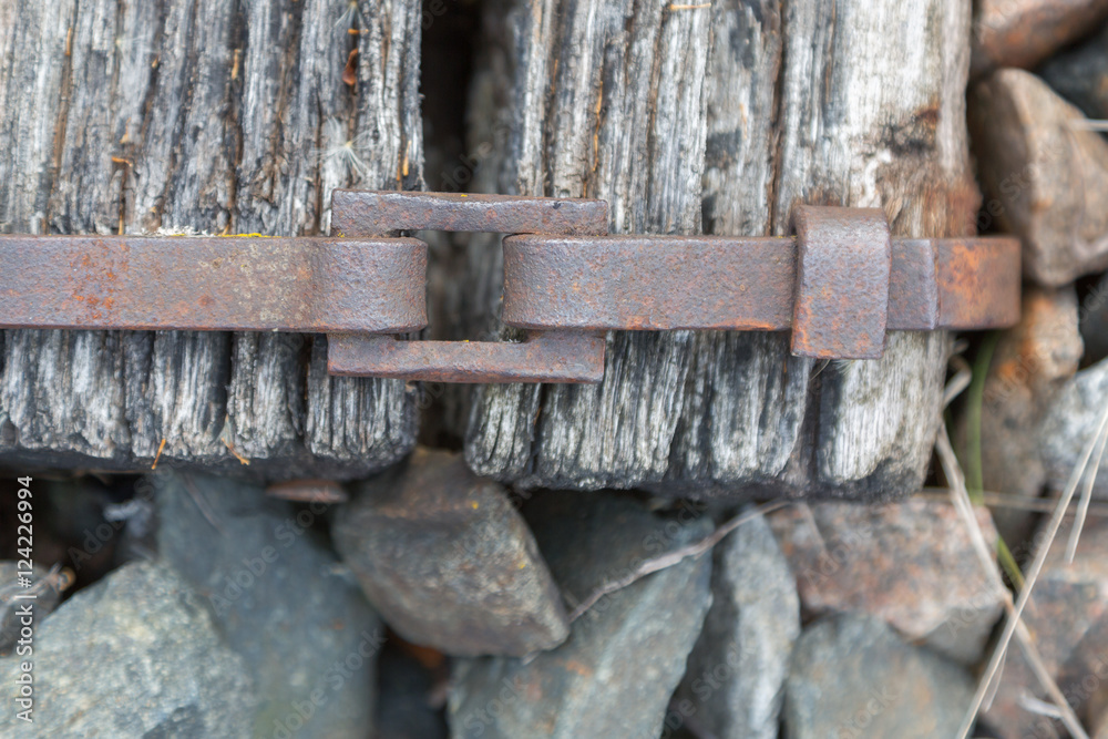 metal bracket with a buckle on the old railway sleepers. different ...